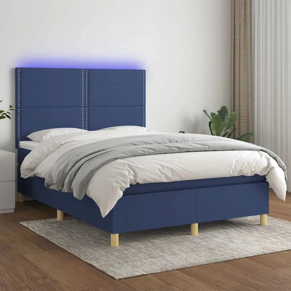 Fionshop 264253065 Box spring postel s matrací a Led modrá 140x200 cm tex