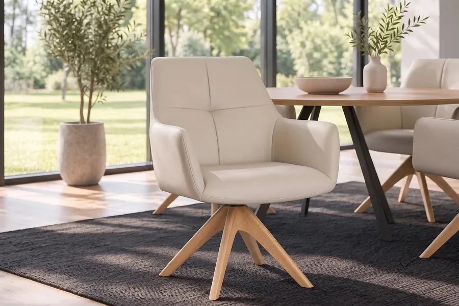Designová otočná židle Devassy béžová kůže / dub