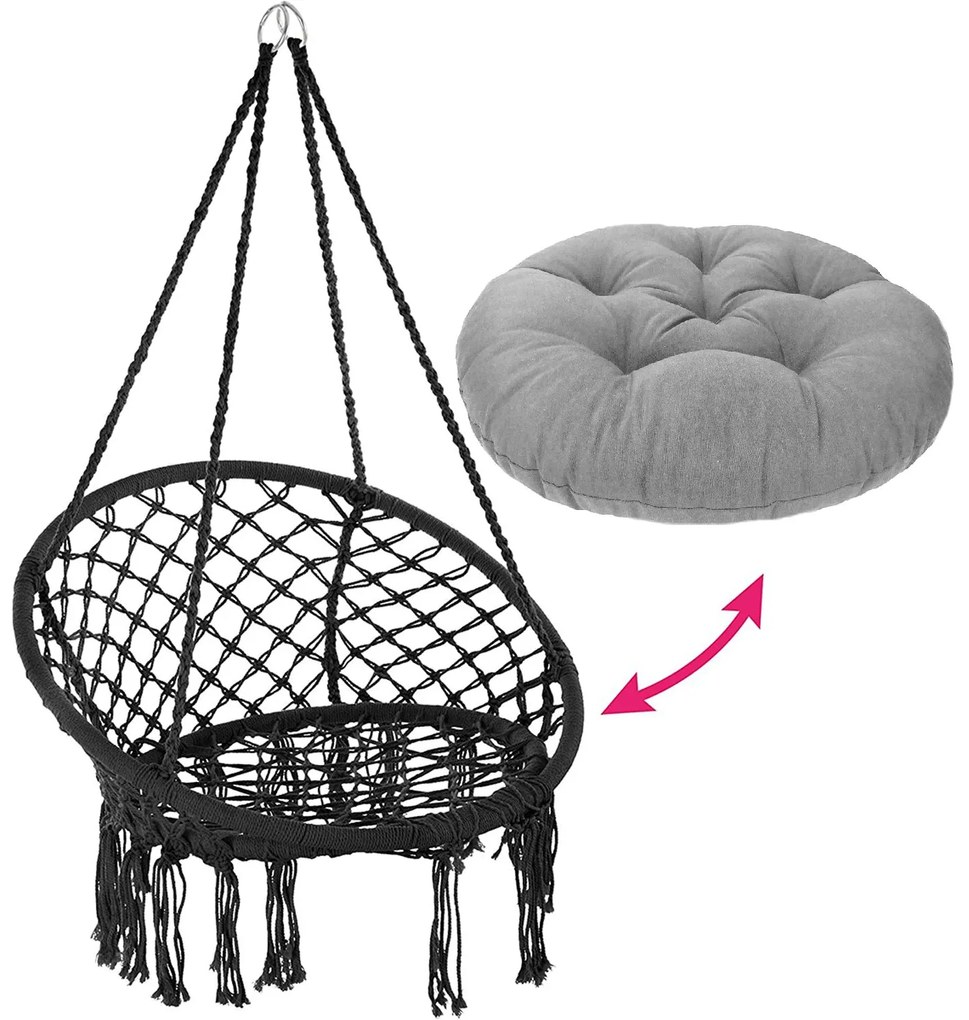 Bluegarden Rea, Závěsné boho křeslo s polštářem černé 490129A, OGR-03542
