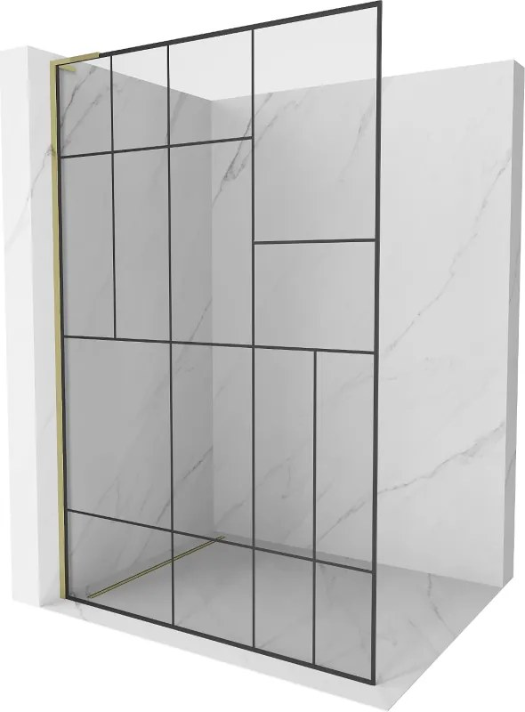 Mexen Kioto L, sprchová zástěna Walk-In 100 x 200 cm, 8mm čiré sklo černý vzor, zlatý lesklý profil, 800-100-103-50-78