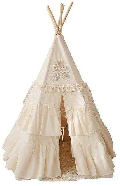 Boho stan teepee s volánky a výšivkou béžový
