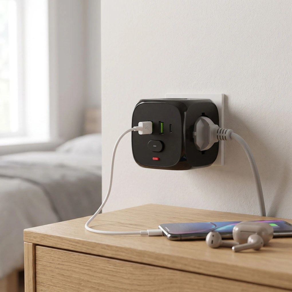 Toolight Toolight, JNH019, zásuvková kostka 7v1, 3 zásuvky + 2× USB-A + 2× USB-C, černá, OSW-56304