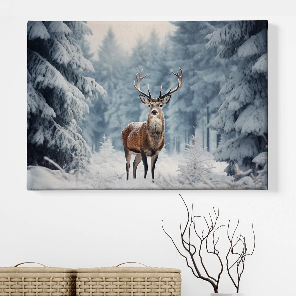 Obraz na plátně - Jelen pozoruje okolí v zimním jehličnatém lese FeelHappy.cz Velikost obrazu: 150 x 100 cm