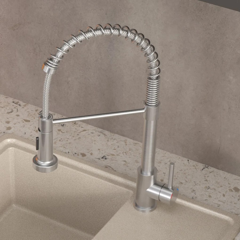Kuchyňská dřezová baterie QUADRON SALMA NEW s pružinovou hadicí a sprchou v provedení broušená ocel
