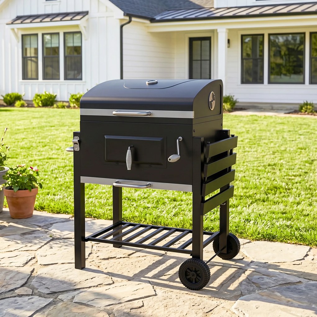 Outsunny grilovací vozík na dřevěné uhlí BBQ stojan na grilování z nerezové oceli černý 113x65x108cm pro zahradu a terasu