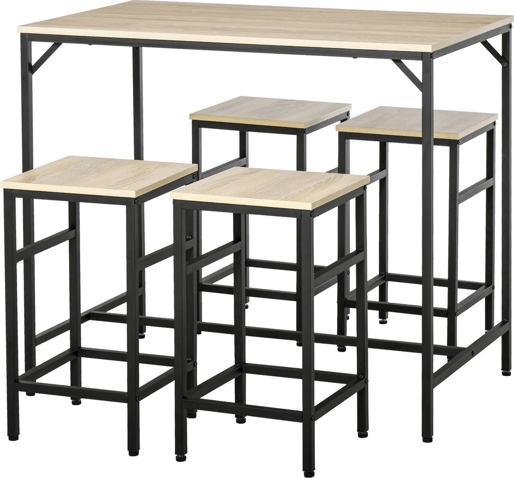 HOMCOM Barový set 5dílný s vysokým stolem a 4 barovými židlemi, kuchyňská linka, jídelní set, ocelový dub černý 100x60x88cm | Aosom.de
