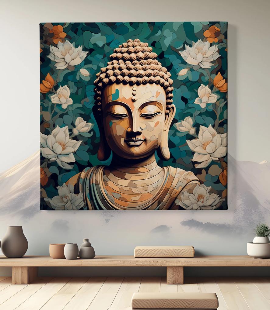 Obraz na plátně - Buddhova hlava a pozadí s květy FeelHappy.cz Velikost obrazu: 140 x 140 cm