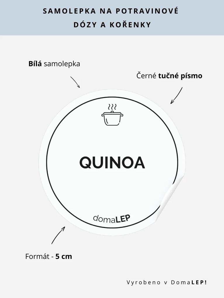 QUINOA – bílá samolepka na dózu, tučné písmo, 5 cm | DomaLEP