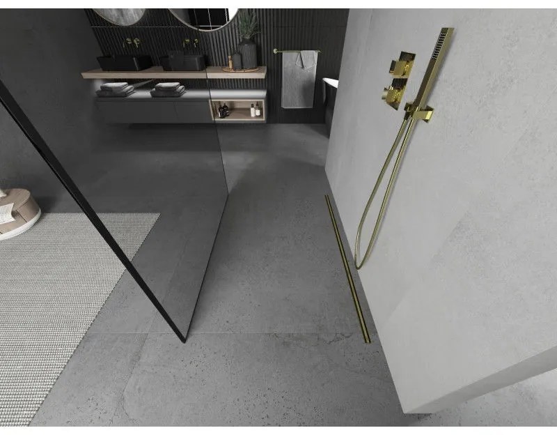 Mexen Kioto, sprchová zástěna Walk-In 150 x 200 cm, 8mm sklo černý vzor, zlatý lesklý profil, 800-150-002-50-70