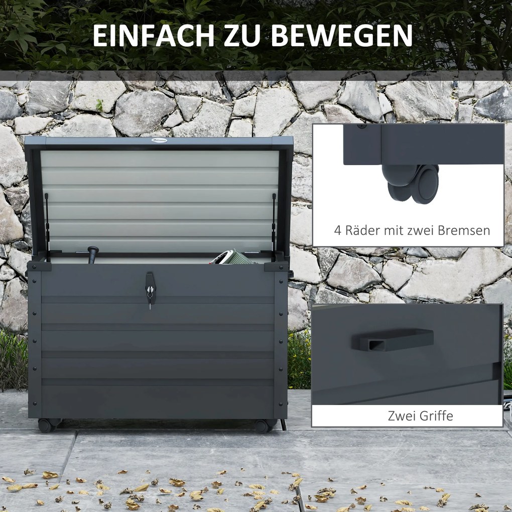 Zahradní box Outsunny, úložný box na kolečkách, úložný box se zámkem, rukojeť, zahradní truhla na balkon, terasu 100 x 62 x 65 cm, tmavě šedý