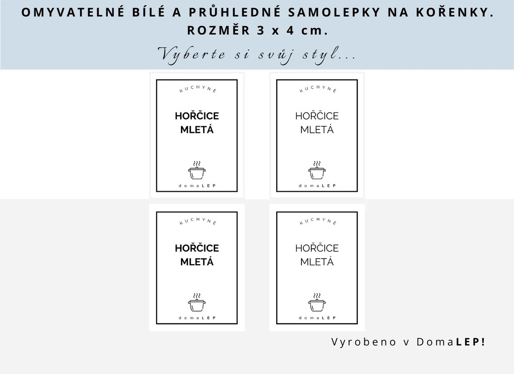 HOŘČICE MLETÁ - Samolepka na kořenky 3 x 4 cm - DomaLEP varianta: BÍLÁ - základní písmo