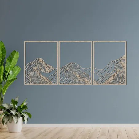 Třídílný dřevěný obraz Hory, Moderní 3D dekorace na zeď | SENTOP HDF0478