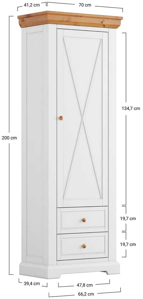 Bílý nábytek Úzká šatní skříň Marone Elite se šuplíky, dekor bílá-dřevo, masiv, borovice