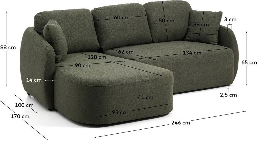 Tmavě zelená žinylková rozkládací rohová pohovka (levý roh/s lenoškou) Laira – Kave Home