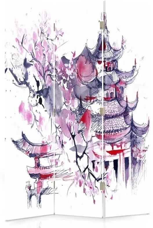 Ozdobný paraván Japonská růžová krajina - 110x170 cm, třídílný, klasický paraván