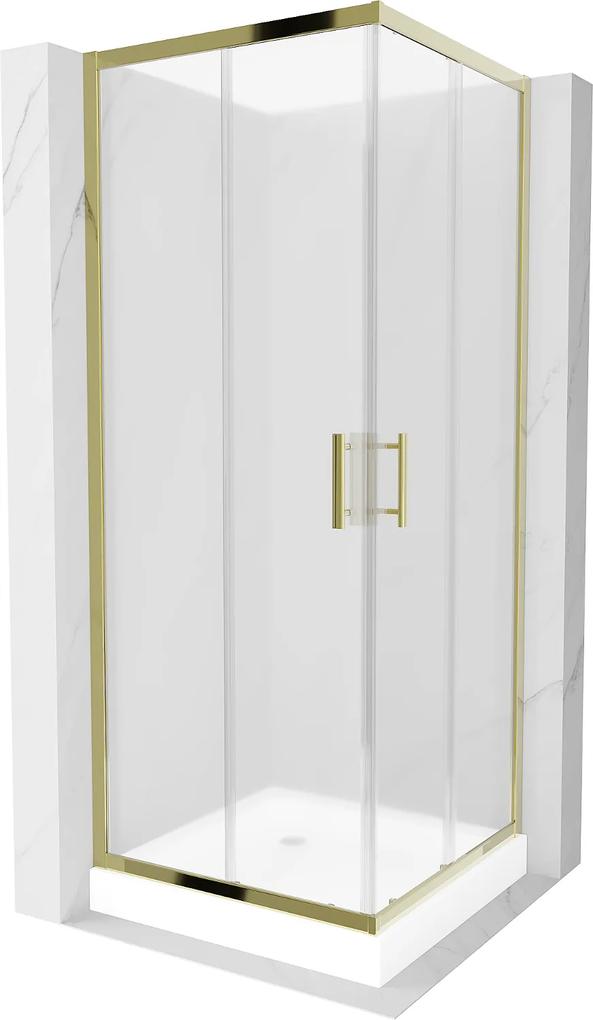 Mexen Rio, čtvercový sprchový kout s posuvnými dveřmi 80 (dveře) x 80 (dveře) x 190 cm, 5mm sklo námraza, zlatý profil + bílá sprchová vanička RIO, 860-080-080-50-30-4510