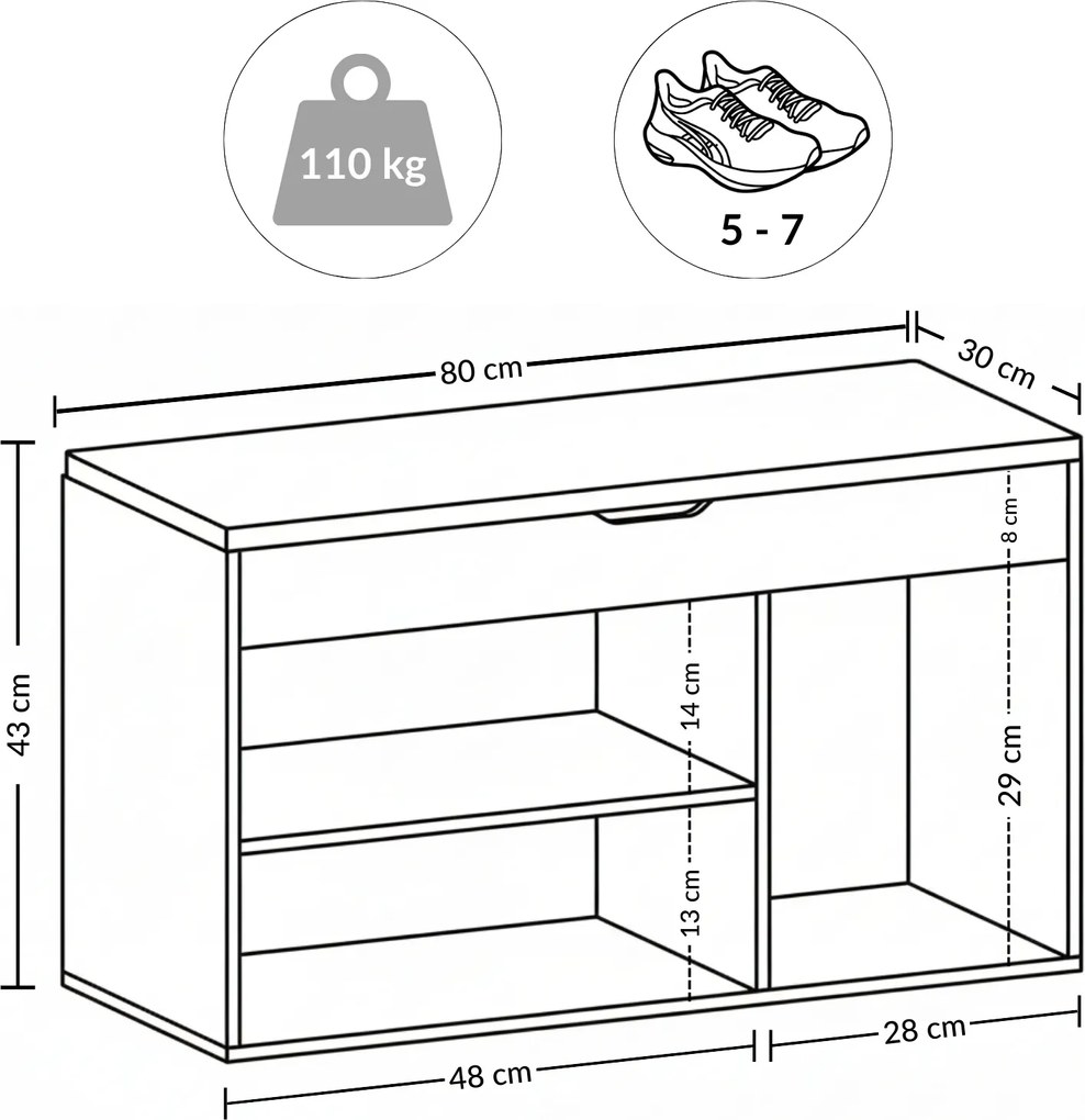 Botník se sedákem TRIA, 80 x 43 x 30 cm - černý
