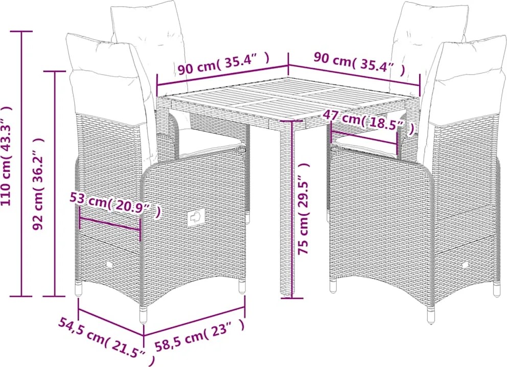 5dílný zahradní bistro set s poduškami černý polyratan 3276976
