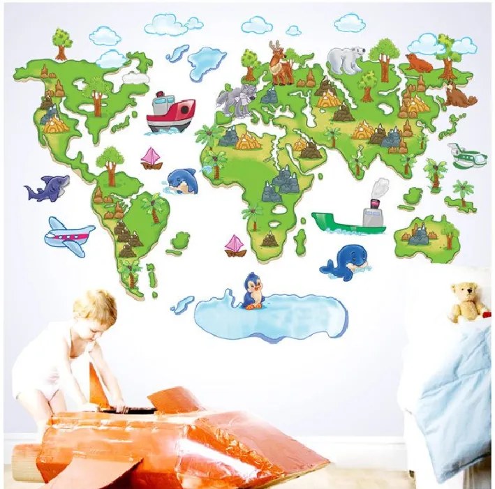 Živá Zeď Samolepka na zeď Dětská mapa světa pro děti