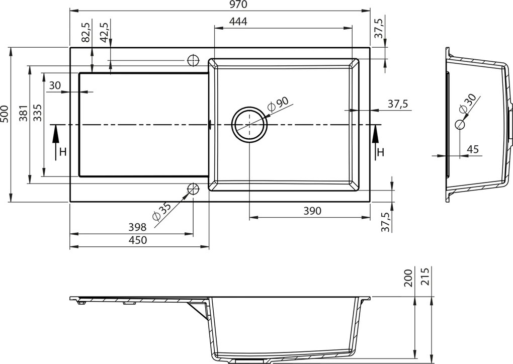 Sapho GR1614 Dřez 97 x 50 cm granitový vestavný s odkapávací plochou černá