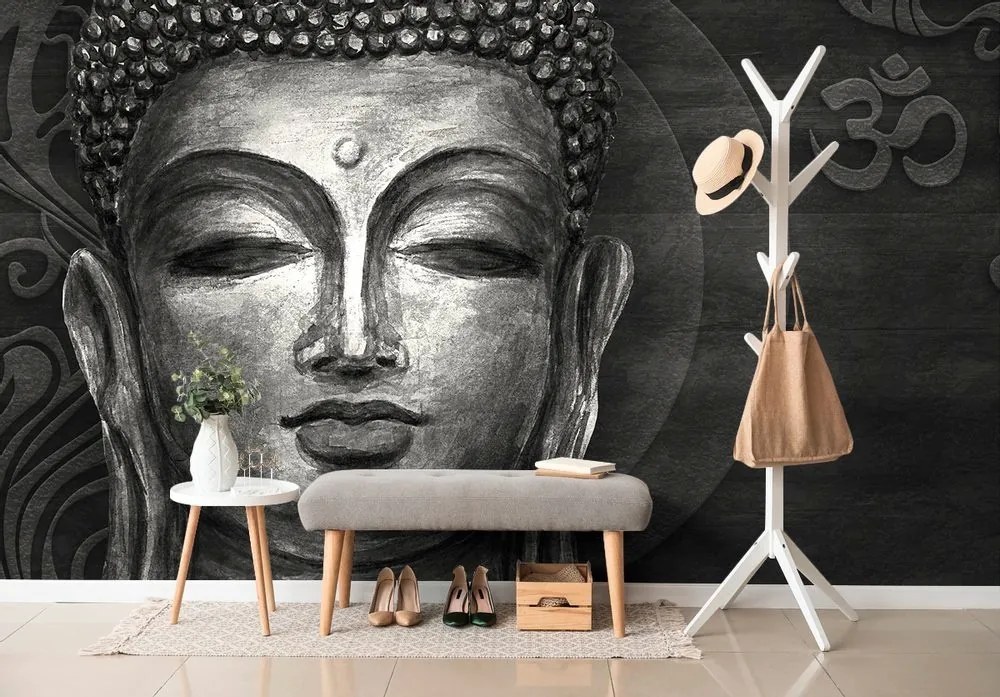 Samolepící tapeta tvář Buddhy v černobílém provedení - 225x150 cm