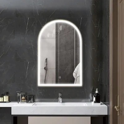 HOMCOM LED koupelnové zrcadlo 90 x 60 cm, nástěnné, 3 barvy, zakřivené, hliníkový rám, odvlhčování a dotykový spínač