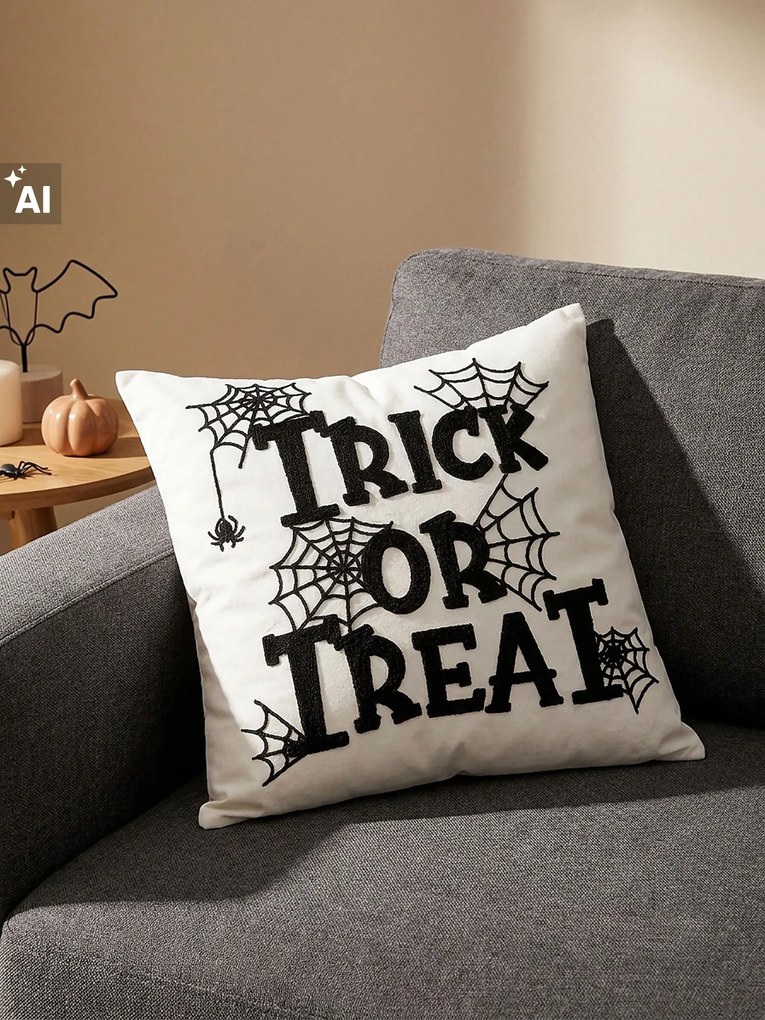 Sinsay - Halloweenský dekorativní povlak na polštář s nápisem a motivem pavučiny - bílá