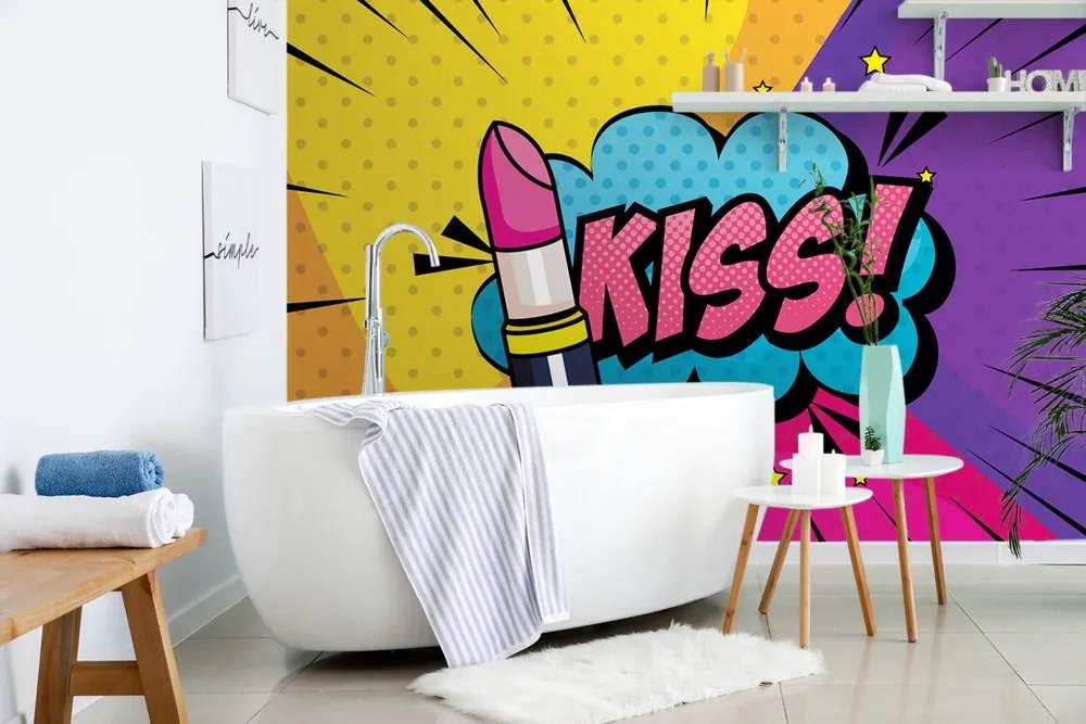 Samolepící tapeta pop art rtěnka - KISS!