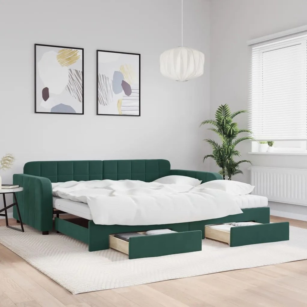 Válenda s přistýlkou a zásuvkami tmavě zelená 100x200 cm samet 3197010