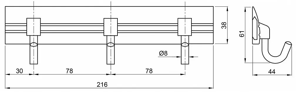 KĽUČKA BRUNO věšák 3 háček Al 217mm