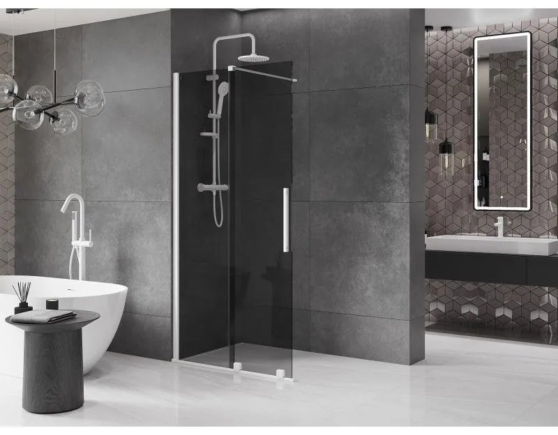 Mexen Velar, sprchová zástěna s posuvnými dveřmi Walk-in 70 x 200 cm, 8mm šedé sklo, bílá matná, 871-070-000-43-20