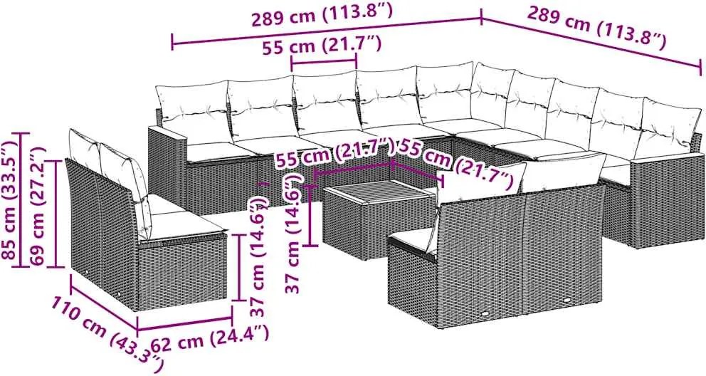 14dílná zahradní sedací souprava s poduškami černá polyratan 3258892
