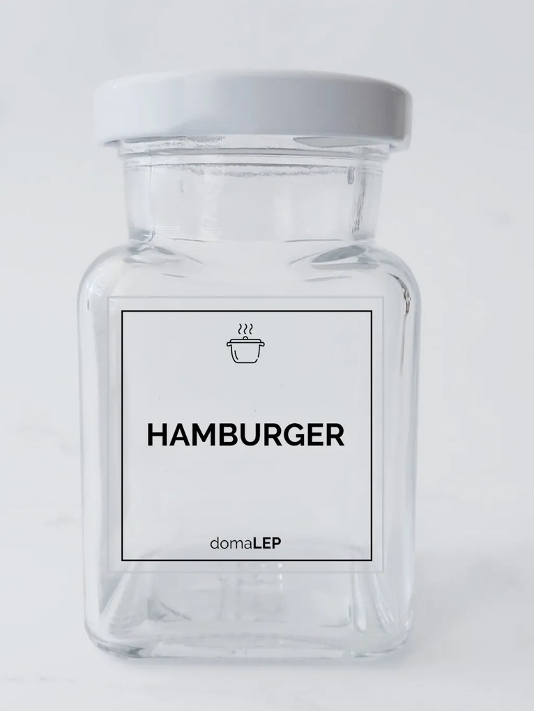 Samolepka na kořenky HAMBURGER průhledná 5 × 5 cm tučné písmo