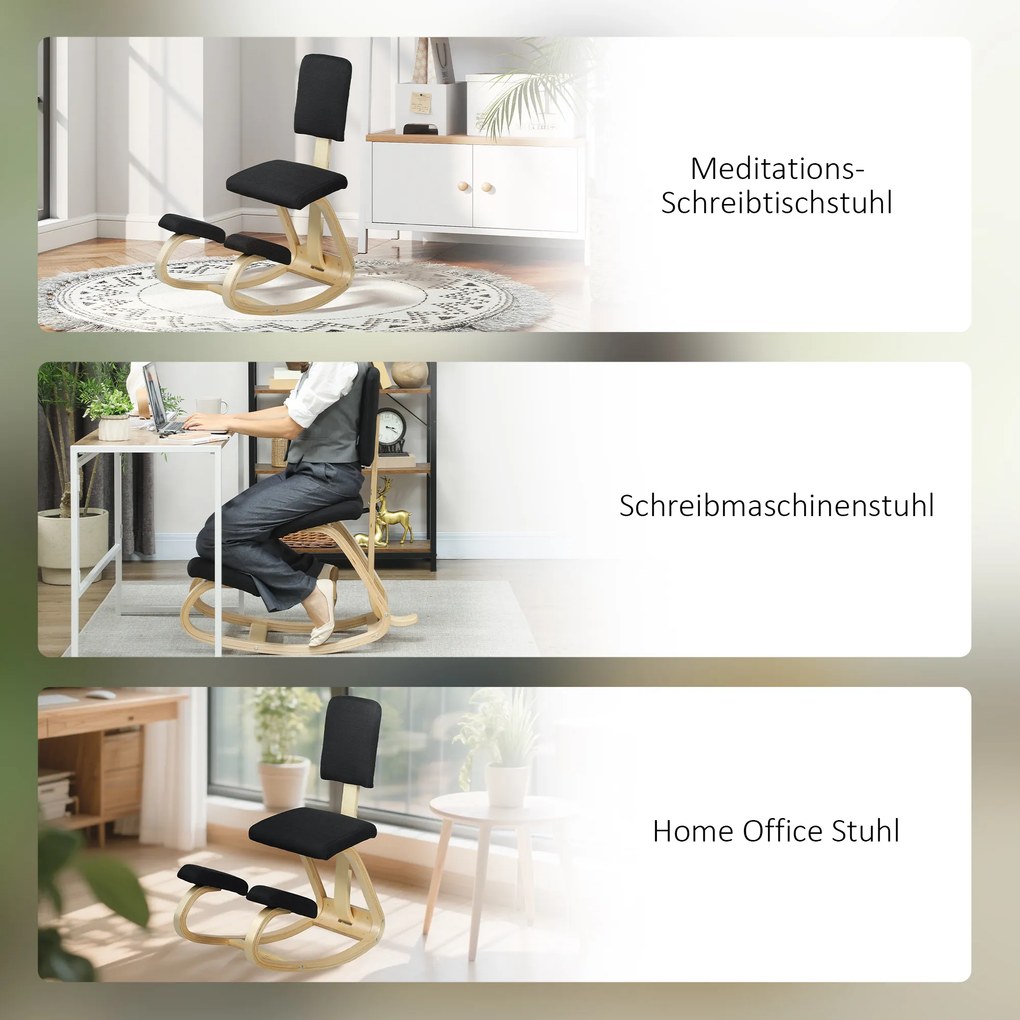 HOMCOM Ergonomická kolenní židle, kolenní stolička, zdravotní židle pro domácnost, kancelář, meditaci, černá