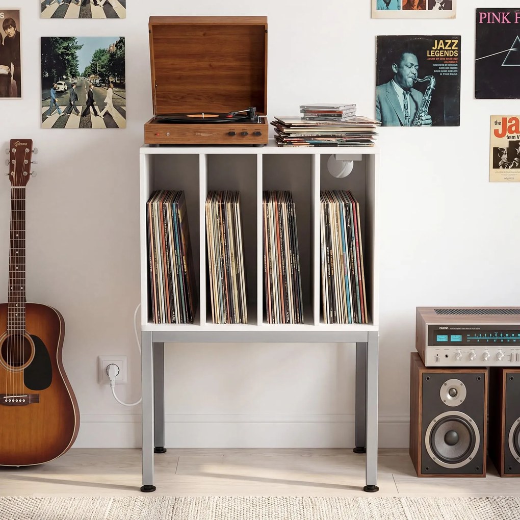 Costway Stolek na gramofon s nabíjecí stanicí a přihrádkami, bílý