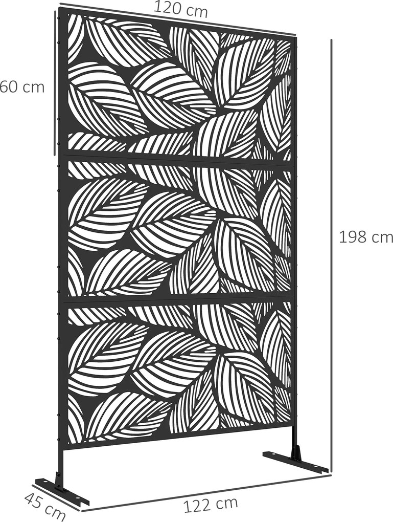 Outsunny zahradní zástěna 122x198cm balkonová zástěna se vzorem listů ocelová přepážka a stojan pro rozdělení místností černá | Aosom.de