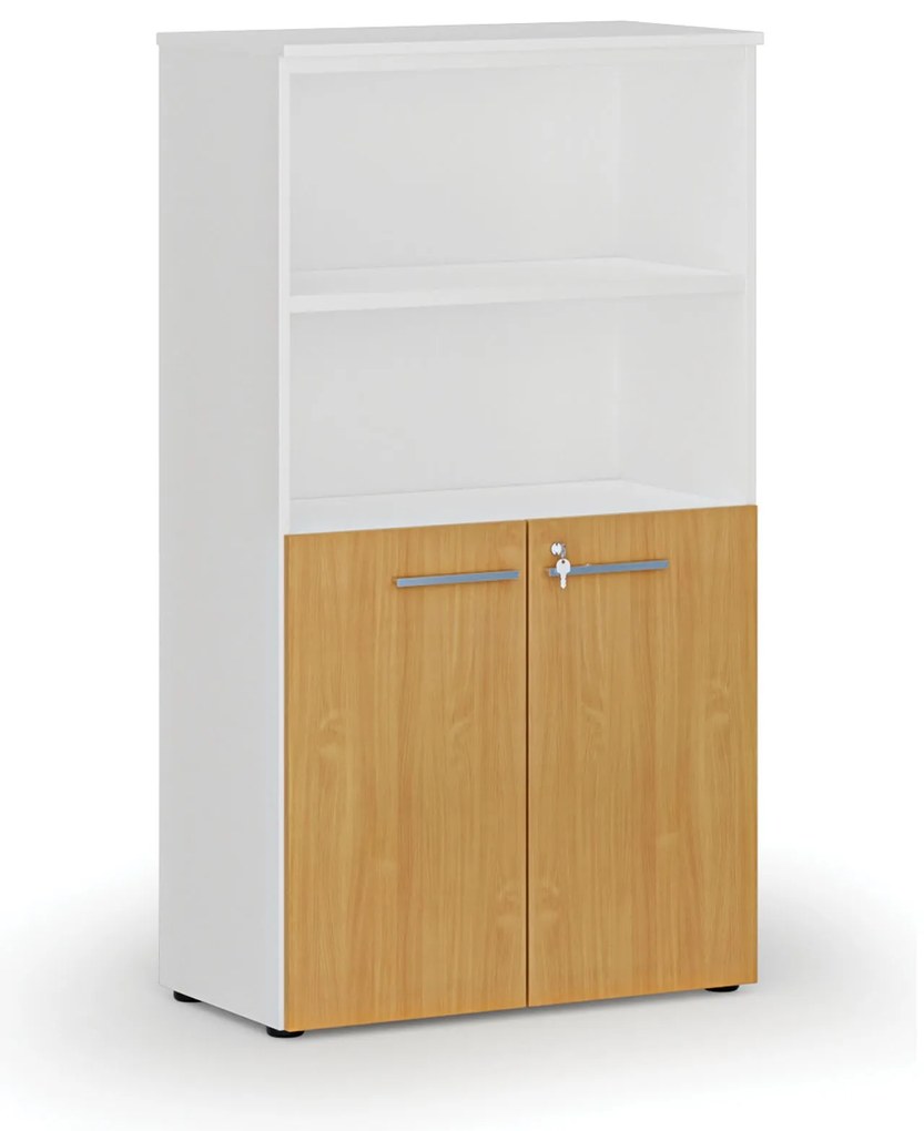 Kombinovaná kancelářská skříň PRIMO WHITE, dveře na 2 patra, 800 x 420 x 1434 mm, bílá/buk