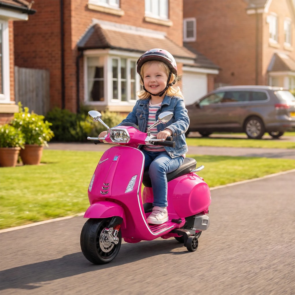 Dětská elektrická motorka AIYAPLAY pro děti od 3 let s licencí Vespa, bateriová motorka 6V s USB, MP3, LED světlem, FM rádiem, rychlostí 3 km/h a nos…