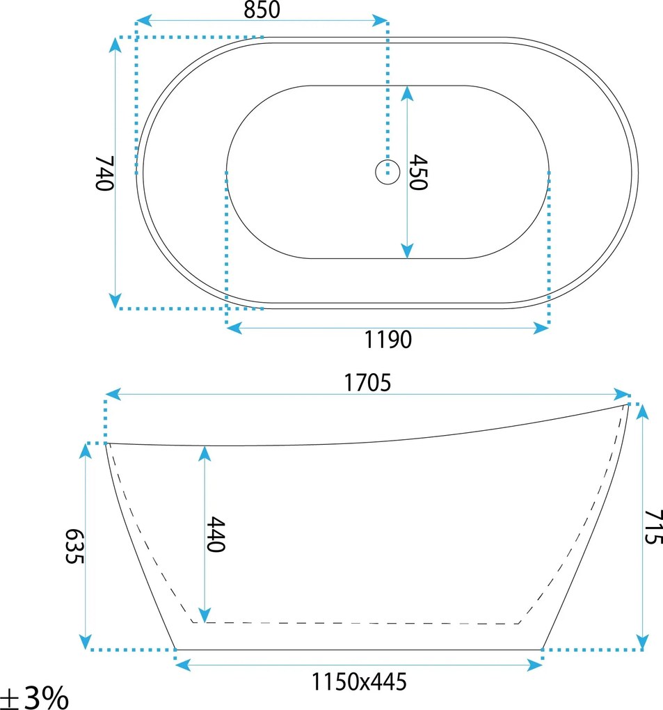 Volně stojící akrylátová vana REA LUSSO SLIM 170x74 cm, bílý, sifon Click-Clack - bílý