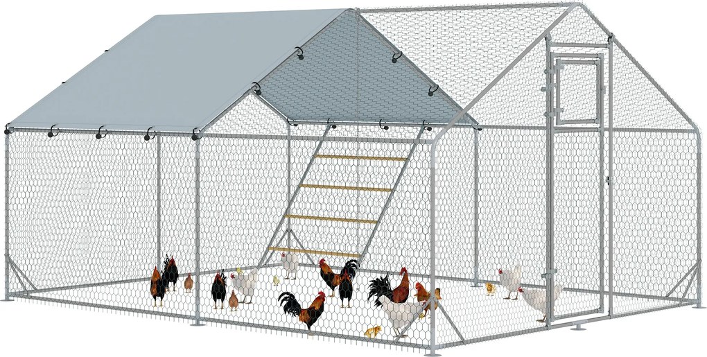 PawHut Výběh pro Slepice se Střechou, Ocelový Kurník / Výběh 12 m² pro 12–18 Slepic, UV a Voděodolný 420D Kryt, Krmná Dvířka, Závěsné Krmítko a Bidýlk