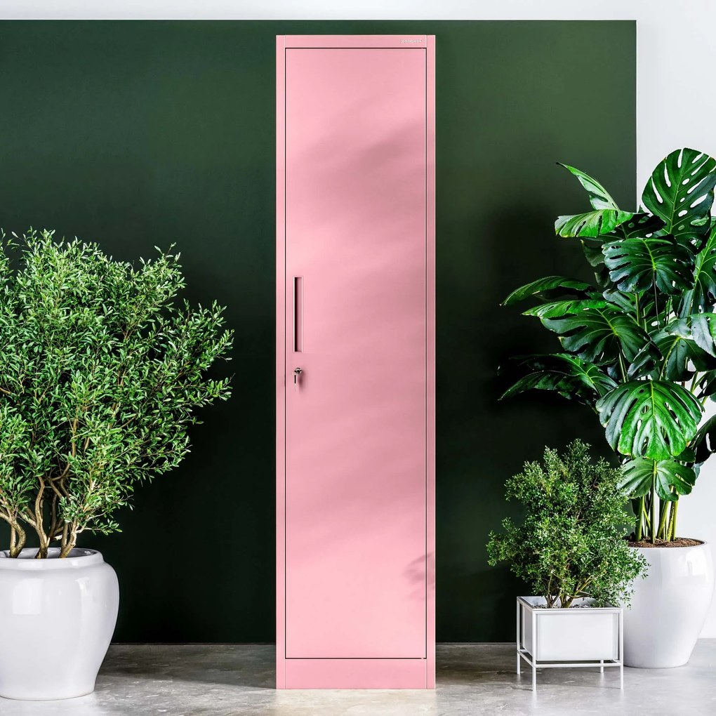 Úzká kovová kancelářská skříň na spisy a dokumenty, pudrově růžová, 450x1850x400 mm: ALEX Fresh Style