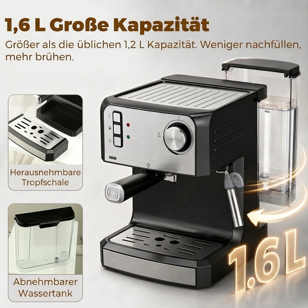 HOMCOM Espresso stroj, 20-bar kávovar s tryskou na našlehání mléka, 1,6 l nádrž na vodu, černý
