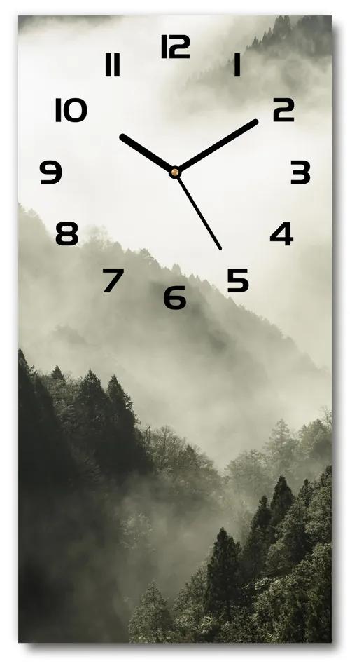 Wallmuralia Nástěnné skleněné hodiny Mlha nad lesem 30x60 cm