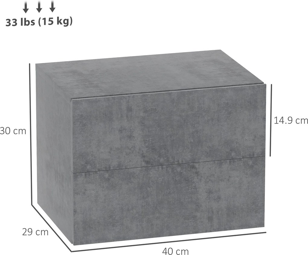 HOMCOM Sada 2 nástěnných nočních stolíků se 2 zásuvkami, noční stolky do ložnice, úsporné postranní stoly do obývacího pokoje, 40x29x30 cm, šedý ceme…