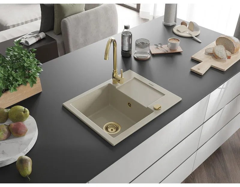 Mexen Enzo, granitový dřez 576x465x174 mm, 1-komorový, béžová se zlatým sifonem, 6506571005-69-G