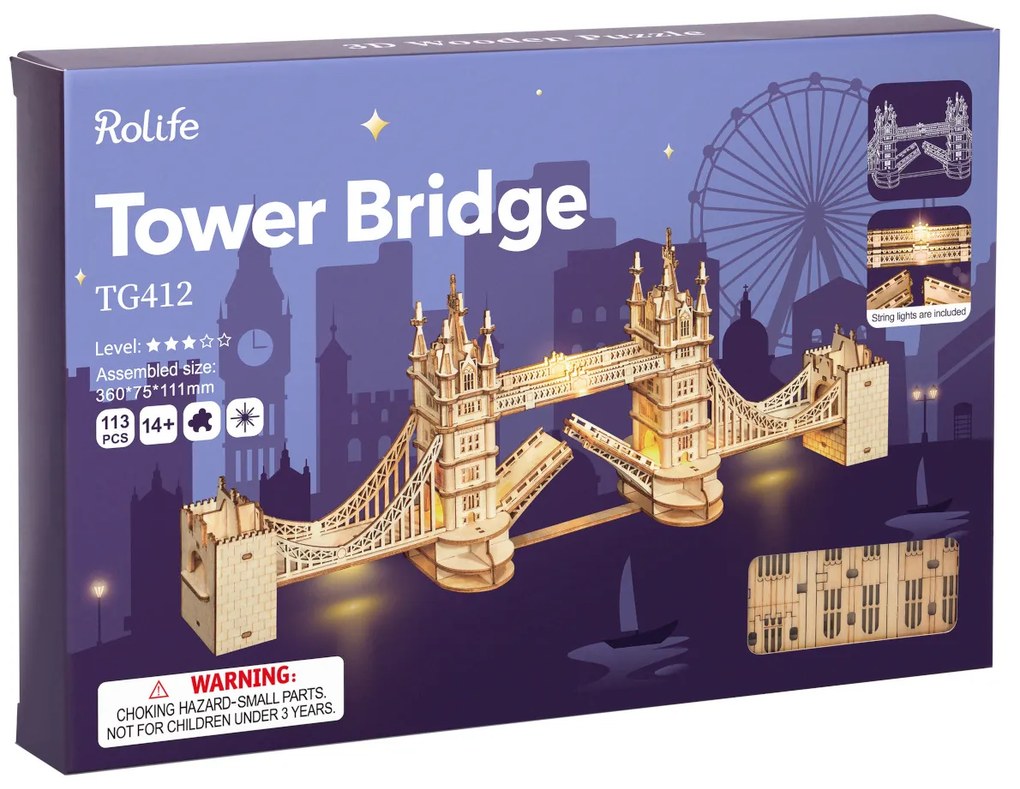 RoboTime 3D dřevěná mechanická skládačka Tower Bridge svítící