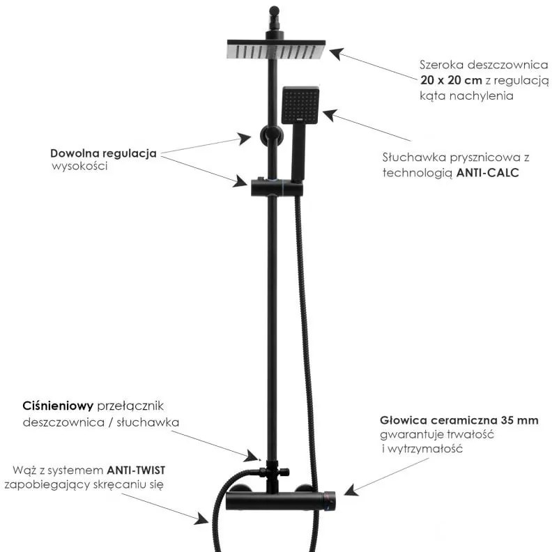 Erga Tiki, sprchová souprava s pákovou baterií a dešťovou hlavicí 20x20 cm, černá matná, ERG-YKA-BP.TIKI-BLK