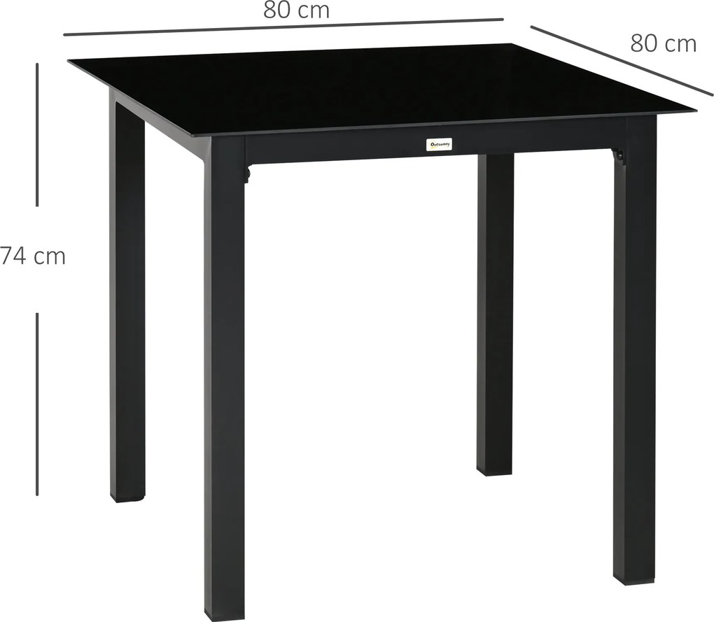 Outsunny zahradní stůl čtvercový pro 4 osoby, stůl na terasu s deskou z tvrzeného skla, hliníková černá 80x80x74cm pro zahradu a balkon