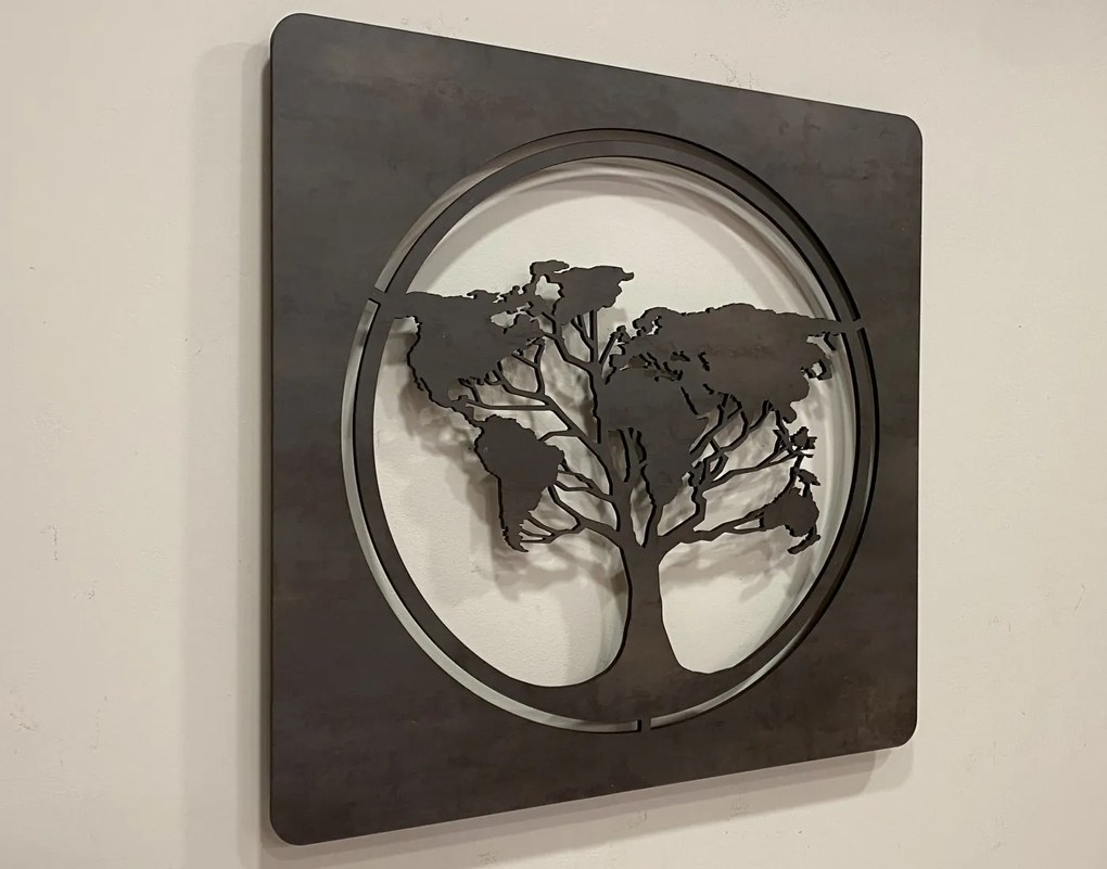 Li-Go "Mapa světa v kruhu" světelný obraz s baterií 70x70cm varianta ovládání: manuál/pohybové čidlo, provedení povrchu: černá s patinou