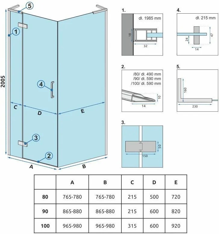 Rea Hugo, 1-křídlový sprchový kout 80 (dveře) x 90 (stěna) x 200 cm, 6mm šedé sklo, měděný profil, KPL-K6968